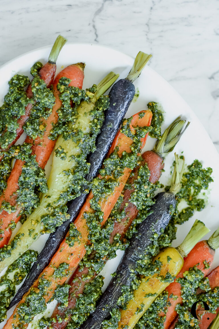 Roasted Carrots with Carrot Top Pistachio Pesto | Elizabeth Rider
